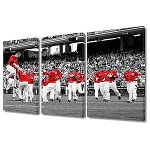 TUMOVO Reds Sports Wall Decor 3 Pieces Canvas Wall Art Black and White Pictures for Home Decoration Cincinnati Baseball Game Paintings Prints and Poster Artwork Framed Ready to Hang, 36" Wx24 H