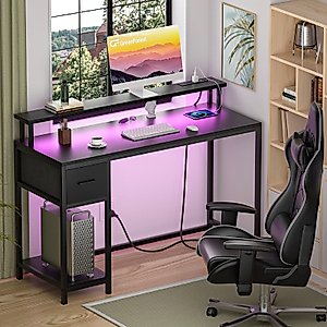GreenForest Gaming Desk 47 Inch with LED Lights and Monitor Stand, Computer Desk with Drawer for Small Spaces, Office Desk with Power Outlets and Shelf, Black
