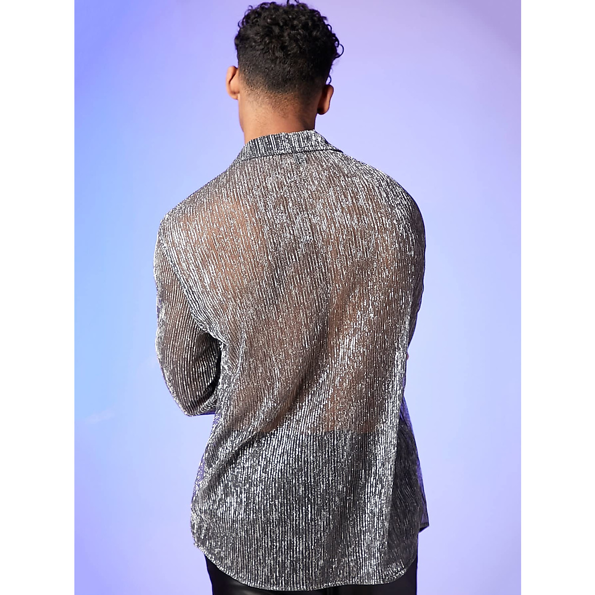 WDIRARA Men's Sheer Mesh See Through Glitter Button Front Long Sleeve Shirt Tops Silver XL
