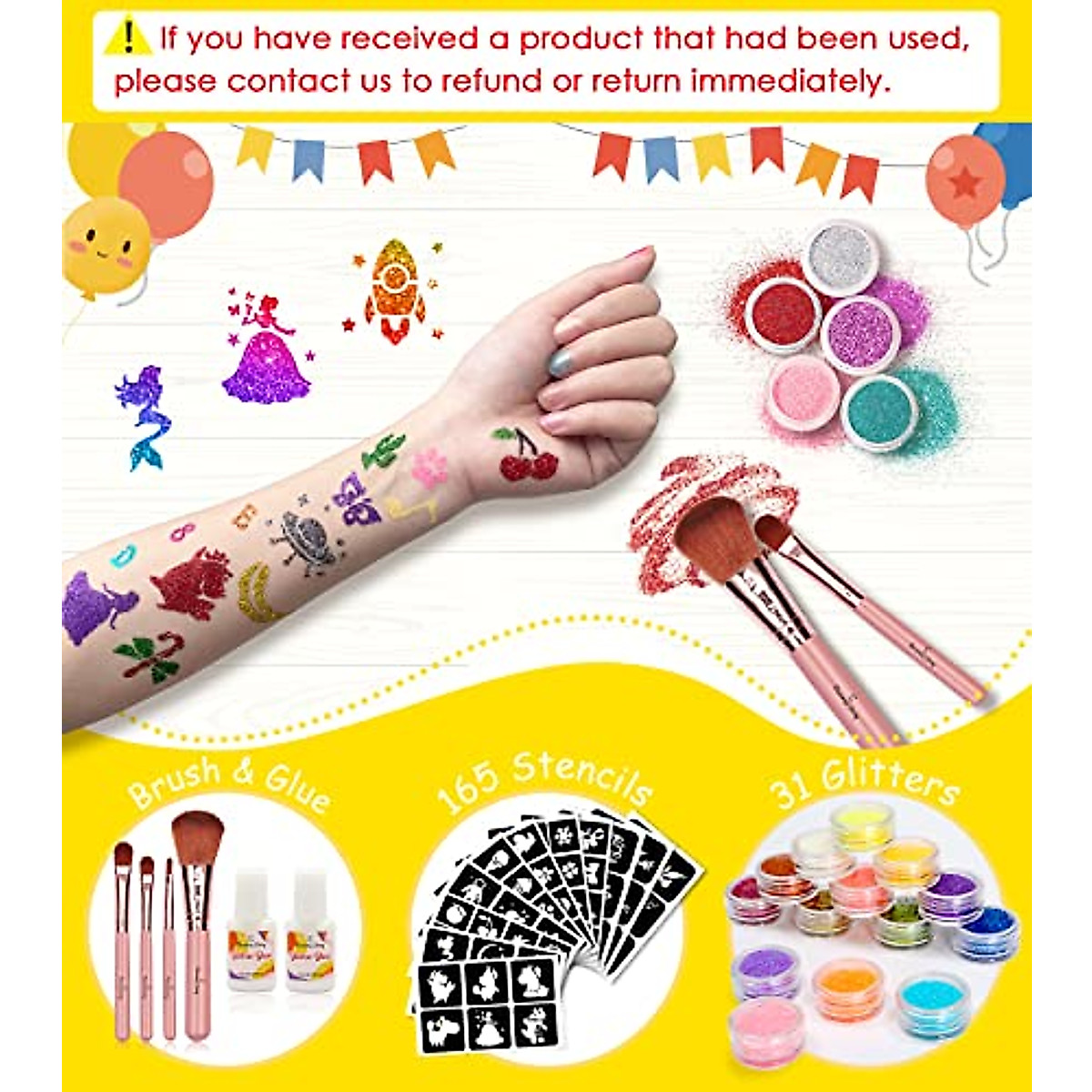 Temporary Glitter Tattoo Kids, Eleanore's Diary 31 Glitter Colors,165 Unique Stencils,2 Glue,4 Brushes,Adults & Kids Arts Glitter Make Up Kit, Gifts for Girls Boys Birthday Party Summer Beach Festival