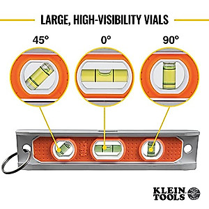 Klein Tools 9319RETT Level, 9-Inch Magnetic Aluminum Torpedo Level with 0/45/90 Degree Vials and V-groove, Tapered Nose