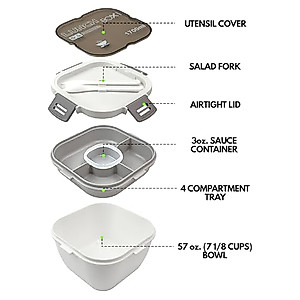 FORZAROCKET Bento Box 57-Oz With 3-Oz Leak Proof Salad Dressing Container For Lunch 4 Compartment Lunch Containers And Salad Bowl With Lid Lunch Spork And Knife Bpa Free (Blue Yellow)