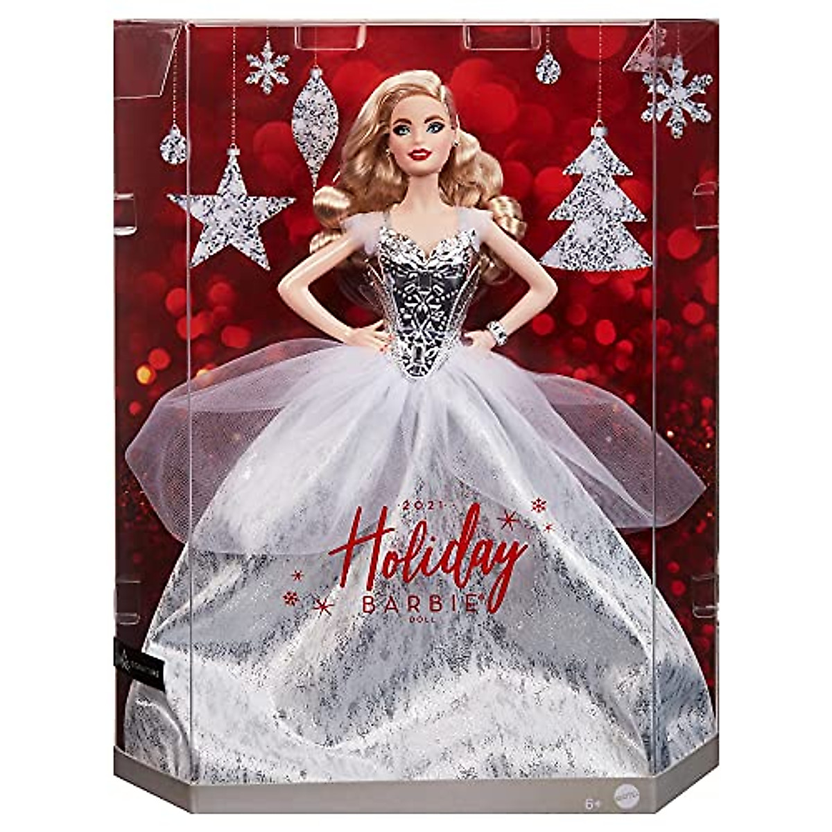 Barbie Signature 2021 Holiday Doll (12-inch, Blonde Wavy Hair) in Silver Gown, with Doll Stand and Certificate of Authenticity, Gift for 6 Year Olds and Up