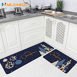 Mloabuc Merry Christmas Kitchen Mats Set of 2, Anti Fatigue Waterproof Stain Resistant Floor Rug Blue Christmas Decorative Non Slip Cushioned Floor Mat - 17x29 and 17x47 Inch