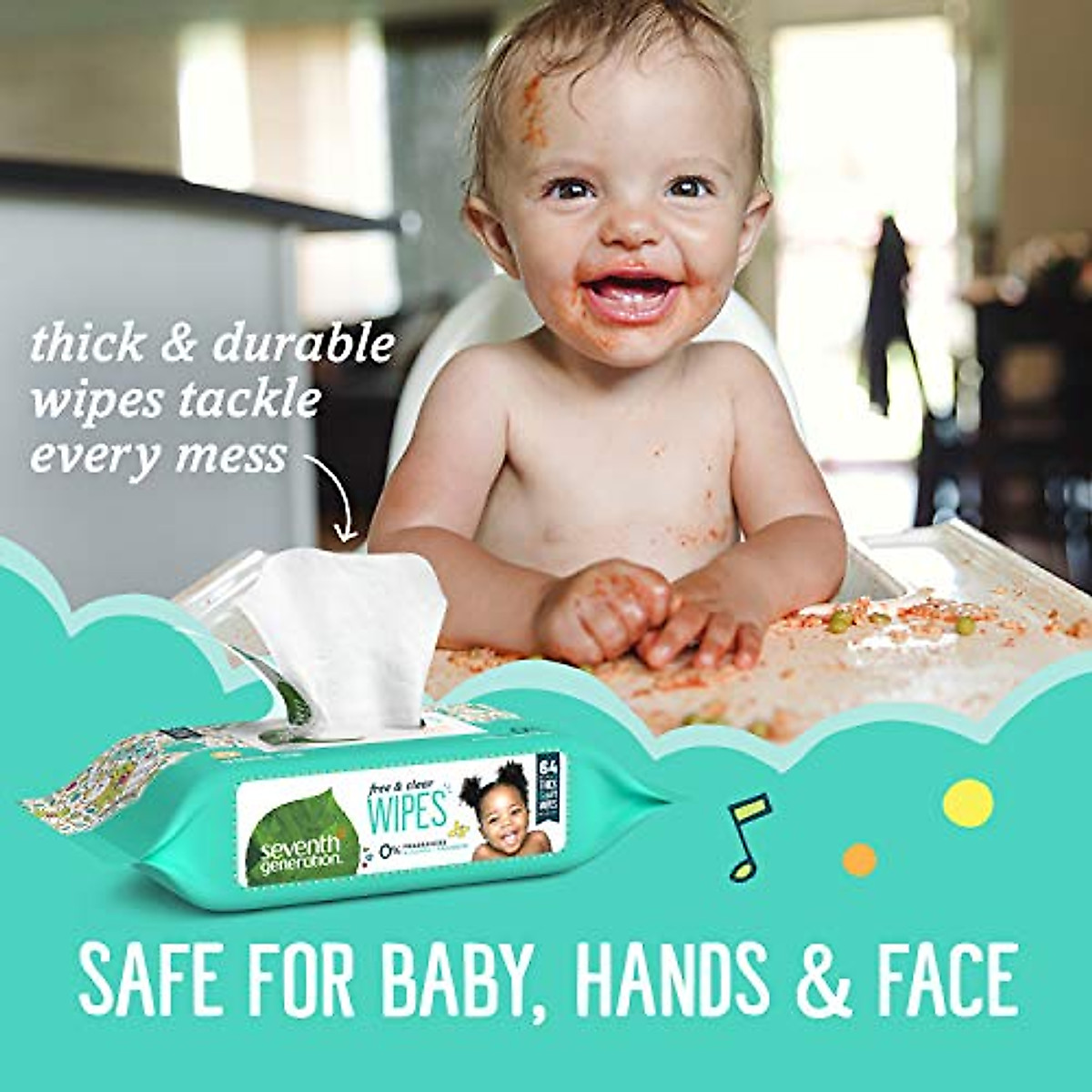 Seventh Generation Free & Clear Baby Wipes Refill Unscented and Sensitive Gentle as Water 64 count Pack of 12 (768 Total)