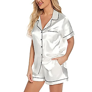 Anjue Bride Pj Sets Women's Satin Sleep Set Short Sleeve Sleepwear Soft Silk Pajama Set Bridesmaid Pjs(White,M)