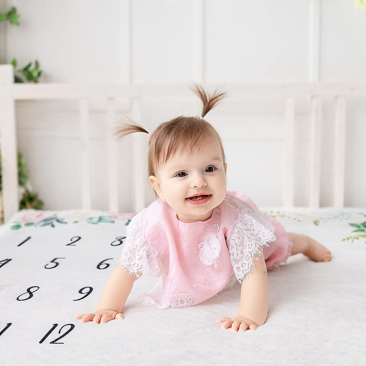 Baby Monthly Milestone Blanket - Personalized Newborn Growth Chart - Customized Soft Fleece Photography Background - Includes Premium Heart, Frame and Pink Bow Headband. 60" X 40"