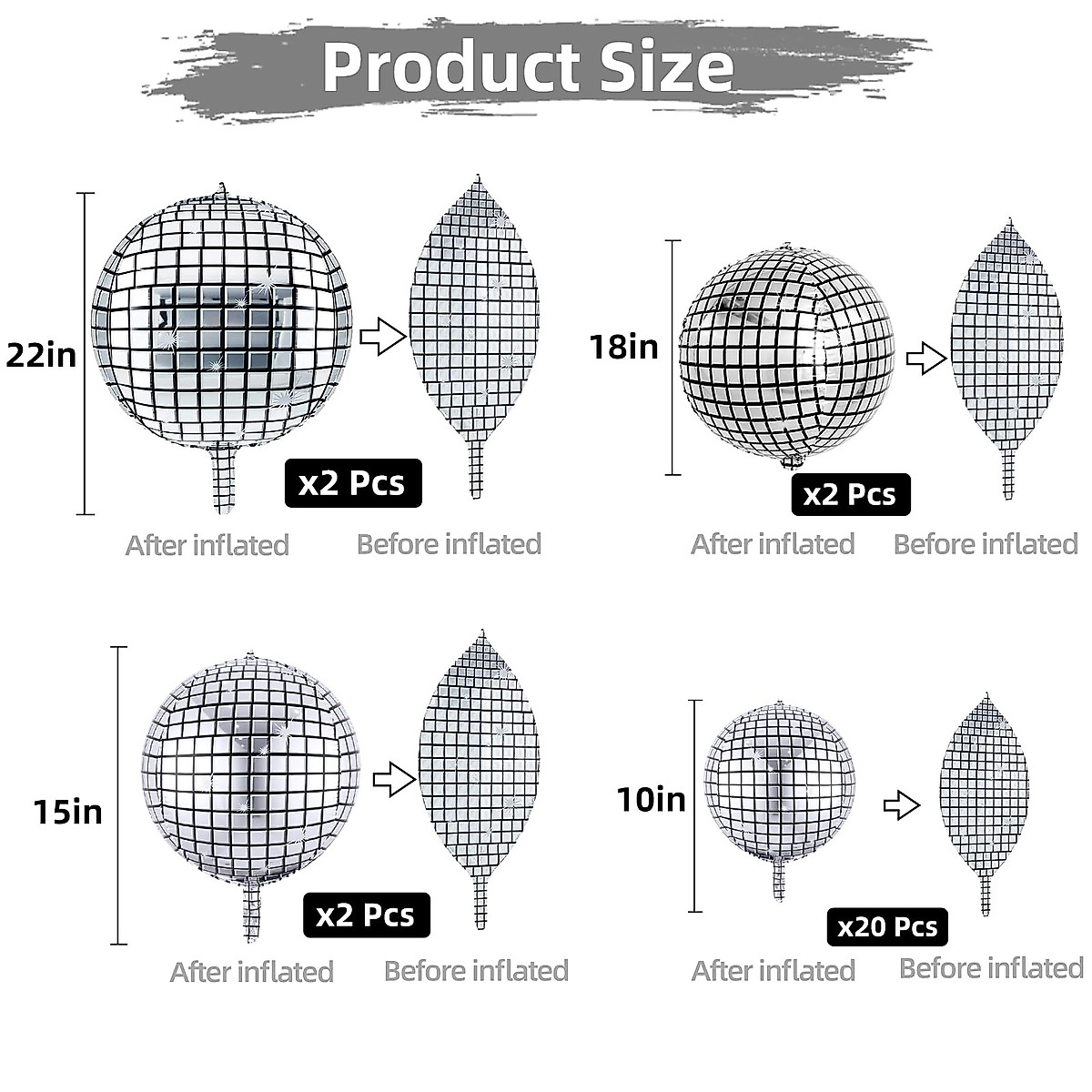 HYHJBLN 26Pcs Disco Ball Balloons Different Sizes- 4D Large Disco Balloons 22 18 15 10 Inch Metallic Silver Disco Mylar Foil Balloons Round Balloons for 70s 80s 90s Disco Themed Party Decor Supplies