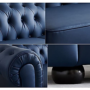 Modern Classic Sofa BIGMAII Blue Faux Leather Upholstered Chesterfield 3 Seater Couch Rolled Arm Loveseat for Living Room - 75" L
