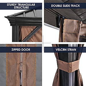 HAPPATIO 10' x 12' Hardtop Gazebo, Gazebo with Netting and Curtains, Double Roof Permanent Patio Metal Gazebo Canopy for Patio, Deck, Backyard (Dark Brown)