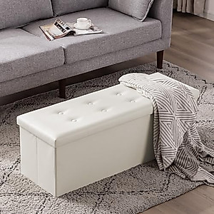 YOUDENOVA 43 Inches Folding Storage Ottoman Bench, Ottoman with Storage Footrest for Living Room, Bed End Bench Chest Seat with Divider, Faux Leather White