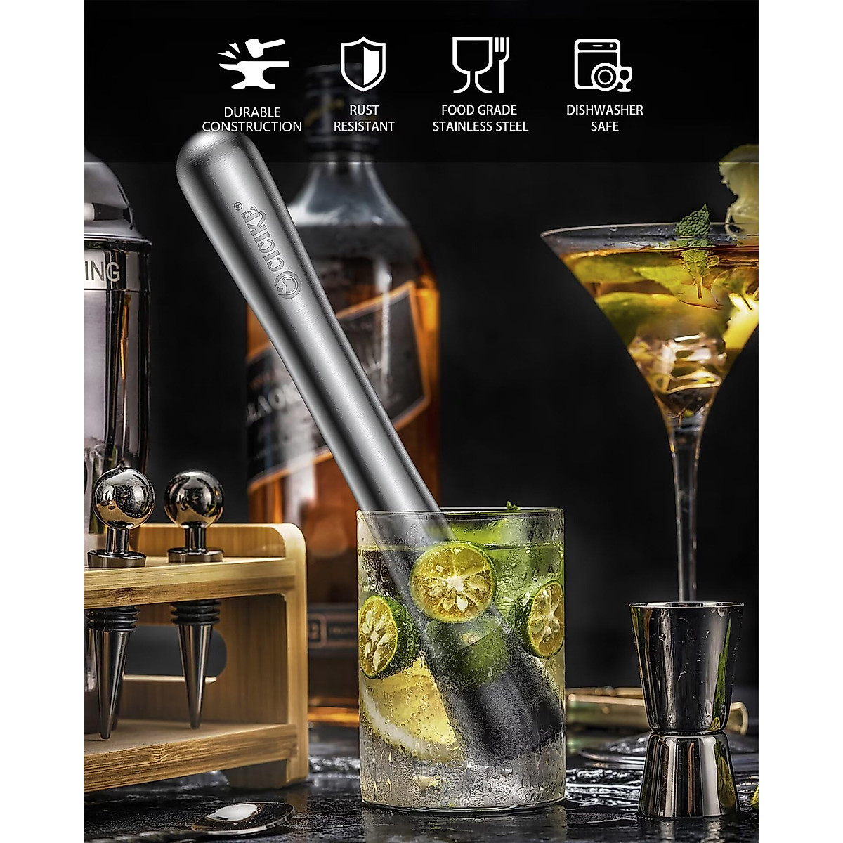 Cicike 8 Inches Stainless Steel Muddler and Mixing Spoon for Cocktails, Bar Tools and Accessories - Create Delicious Mojitos and Other Fruit Based Drinks