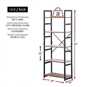 WISCLASS 5 Tier Bookshelf Rustic Wood & Metal Frame Bookcase Shelf Industrial Storage Organizer Modern Display Shelf Rack Open Back Standing Shelving Unit for Bedroom Living Room Home Office
