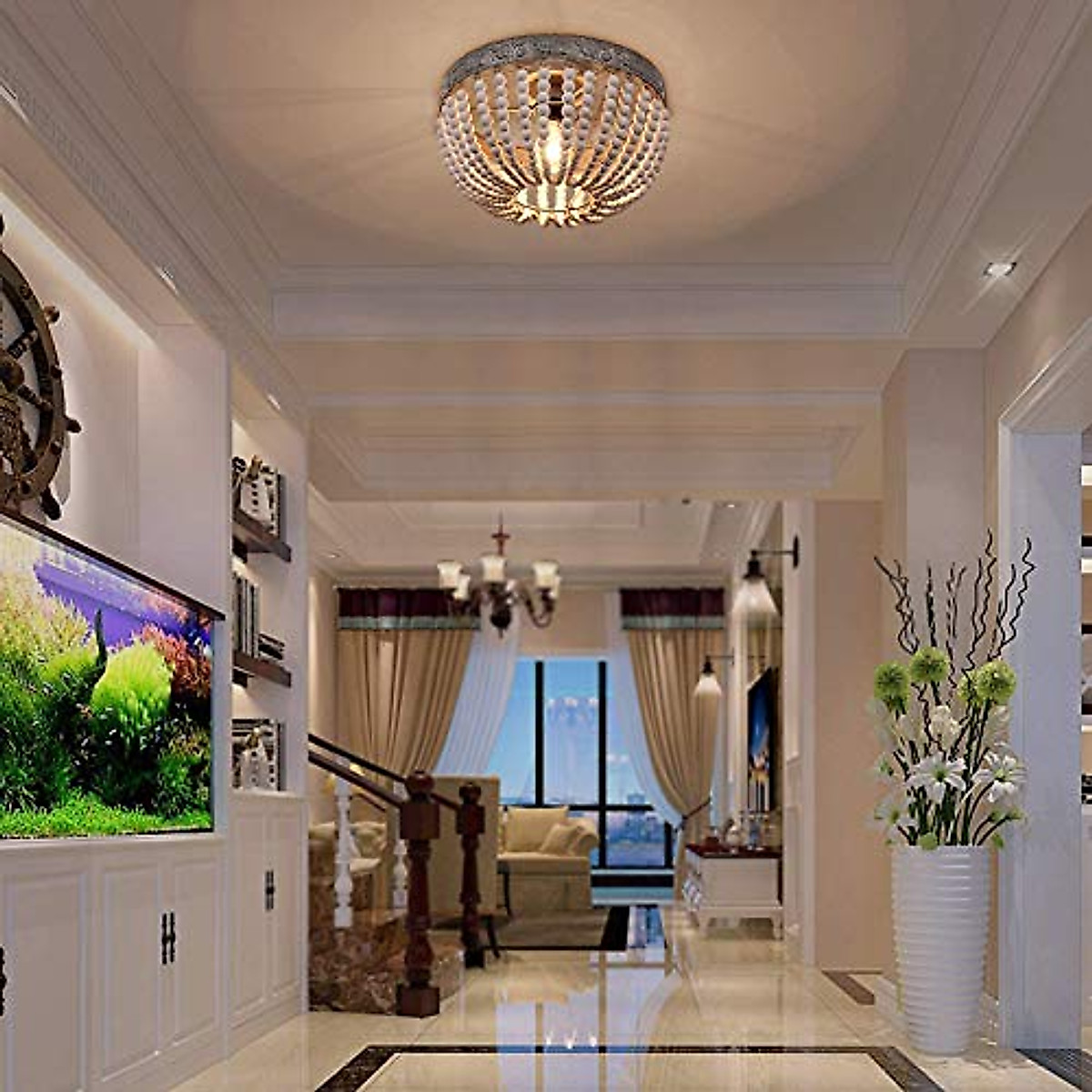 JEUNEU Wood Beaded Chandelier Boho Farmhouse Light Fixture Oak White Rustic 1 Light Semi Flush Mount Ceiling Light Fixtures for Hallway Baby's Nursery Bedroom Kitchen Living Room Island Living Room