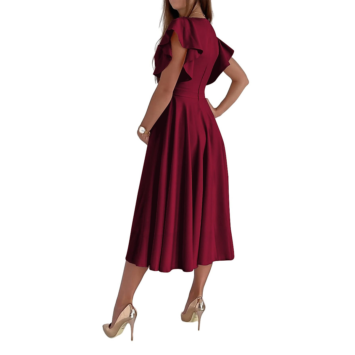 LYANER Women's Wrap V Neck Ruffle Short Sleeve A Line Swing Flared Cocktail Party Midi Dress Wine Red Medium