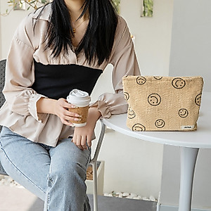 GUTGNK Makeup bag for Women, Corduroy Cosmetic Bag Aesthetic Design Ladies Tote Bag,Cute Smiley Face Makeup Organizer with Zipper - Khaki