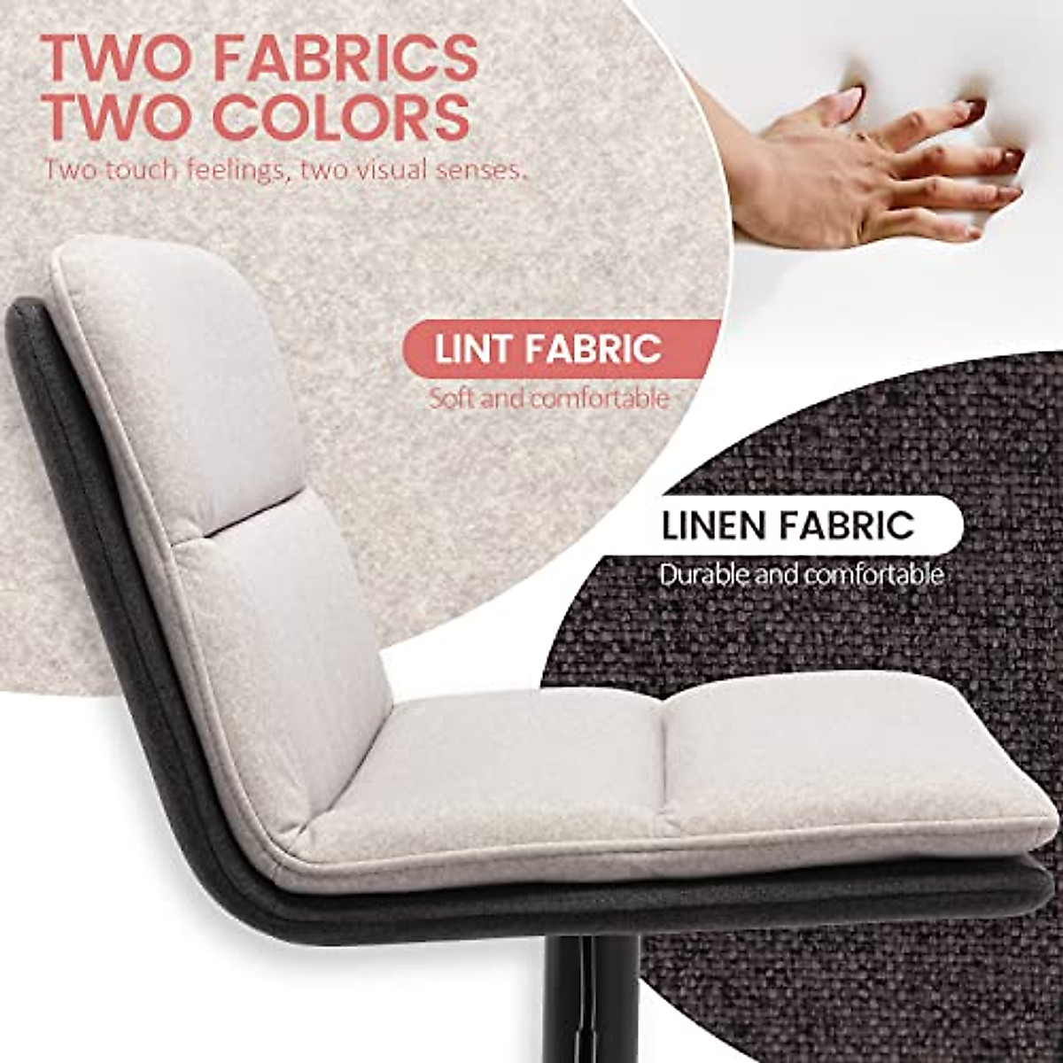 Brage Living Fabric Adjustable Bar Stool, Swivel Counter Height Barstool with Back, Armless Kitchen Bar Chair for Dining Cafe with Large Black Base (Greige)