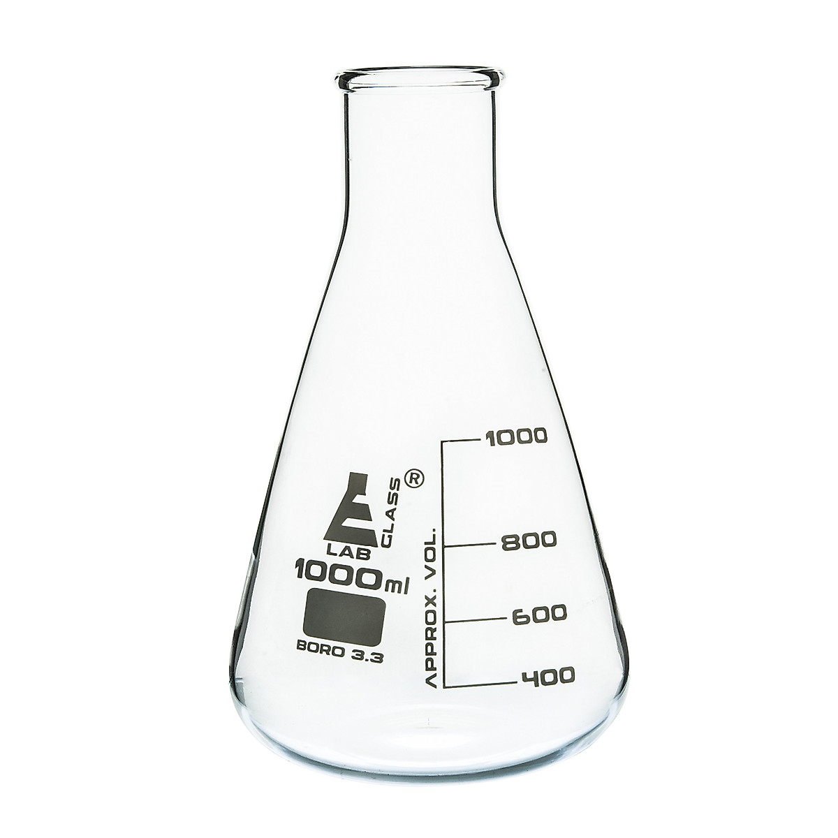 Erlenmeyer Flask, 1000ml - Borosilicate Glass - Wide Neck, Conical Shape - White Graduations - Eisco Labs