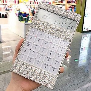 Glitter Calculator Silver Calculators Sparkle Bling Rhinestone Caiculator Office Home Electronics Diamond Desktop Calculator Solar Power 12 Digits Tilted LCD Display