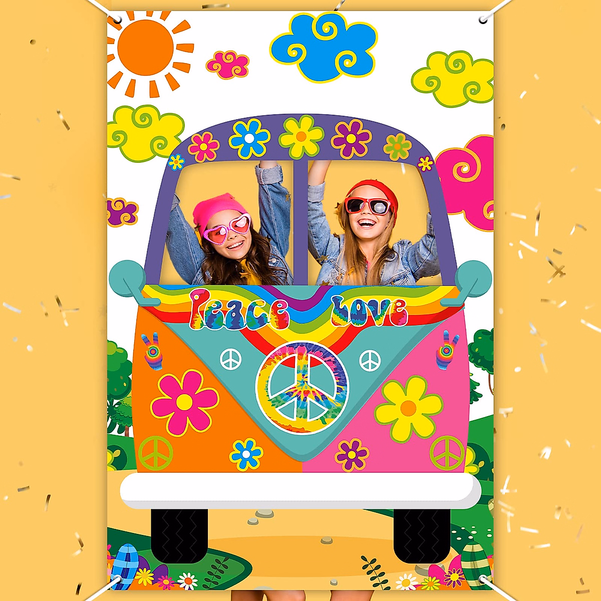 60's Hippie Bus Photo Prop 60s Party Decorations Large Fabric Retro Groovy Van Prop Hippie Selfie Frame Backdrop Background Banner Birthday Party Supplies Retro 60s 70s Party Favors 59 x 39.4 Inch
