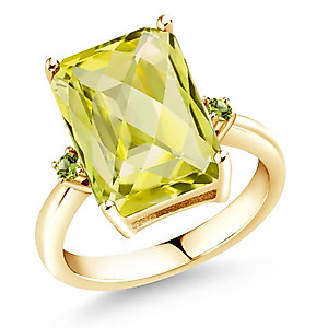 Gem Stone King 18K Yellow Gold Plated Silver Yellow Lemon Quartz and Green Peridot Ring For Women (6.95 Cttw, Emerald Cut Checkerboard 14x10MM, Gemstone Birthstone, Available In Size 5, 6, 7, 8, 9)