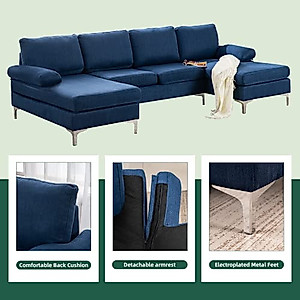 MELLCOM Modern U-Shape Sectional Sofa, Soft Linen Fabric Sectional Couch, Double Wide Chaise Lounge Couch with Modern Metal Feet for Apartment Living Room, Blue