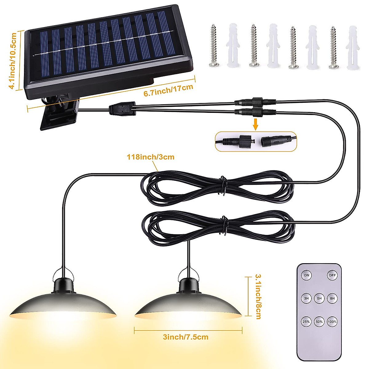Lampelc Solar Shed Light with Remote Control, 400LM Solar Powered Pendant Light with 2Pcs 9.84ft Cable, IP65 Waterproof Solar Lights Indoor Outdoor for Garage Patio Barn Chicken Coop