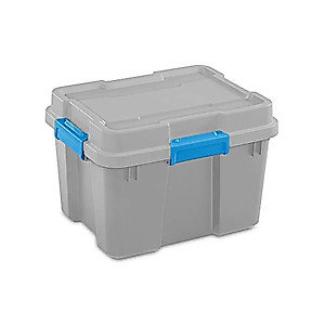 Sterilite 20 Gallon Heavy Duty Plastic Home Organizing Stackable Storage Container Tote Box with Secure Latching Lid, Gray/Blue, (4 Pack)
