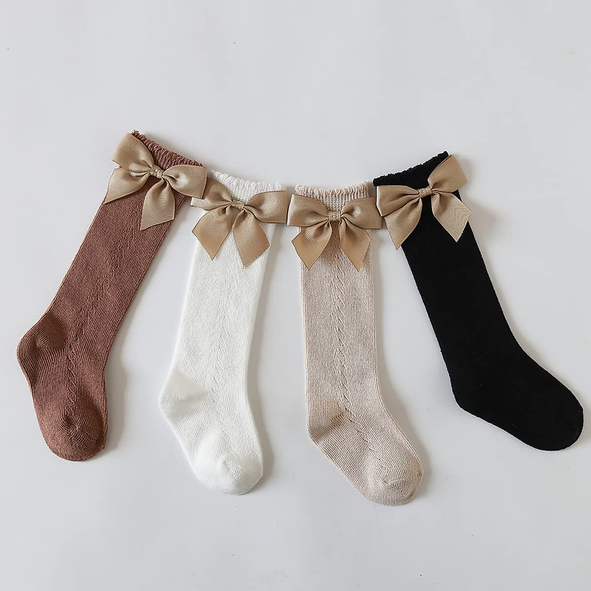 Taous Assam Baby Girls Knee High Socks Toddler Mesh Bowknot Breathable Dress Socks Little Girls Cotton Tube Stockings 5-Packs Bow Size 0-12 Months