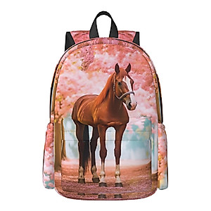 FeHuew 16 inch backpack 3D Horse Sakura Flowers Laptop Backpack Full Print School Bookbag Shoulder Bag for Travel Daypack