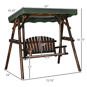 Outsunny 2-Person Patio Swing Chair, Outdoor Hanging Wooden Porch Bench Loveseat w/Adjustable Canopy and Side Trays for Garden, Poolside, Backyard