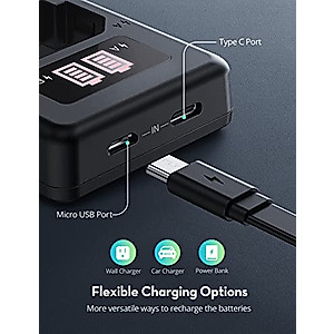 NP-FZ100 Camera Battery, Compatible for Sony A7iii, A7R V, Alpha A7C,A7R III, A7R IV, A9/A9S,A6600,A7R3 A7S III, A7R III,Alpha 9/9S, 2-Pack Replacement Battery Charger Set, Type C & Micro USB Ports