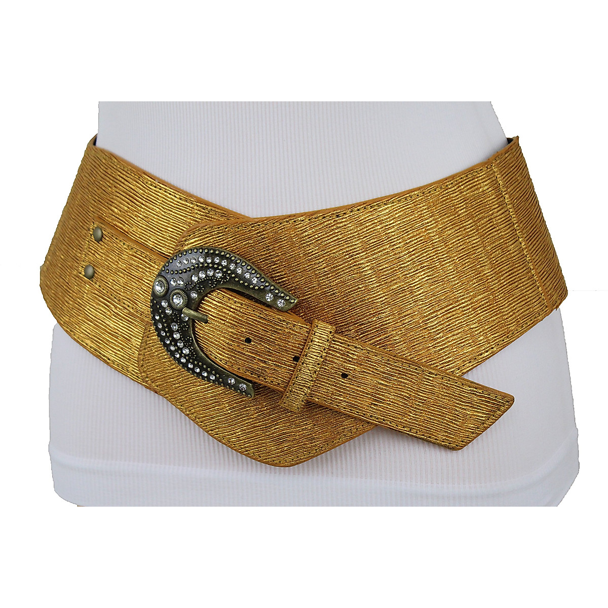 Trendy Fashion Jewelry TFJ Women Wide Western Belt Hip High Waist Faux Leather Dressy M L Metallic Gold