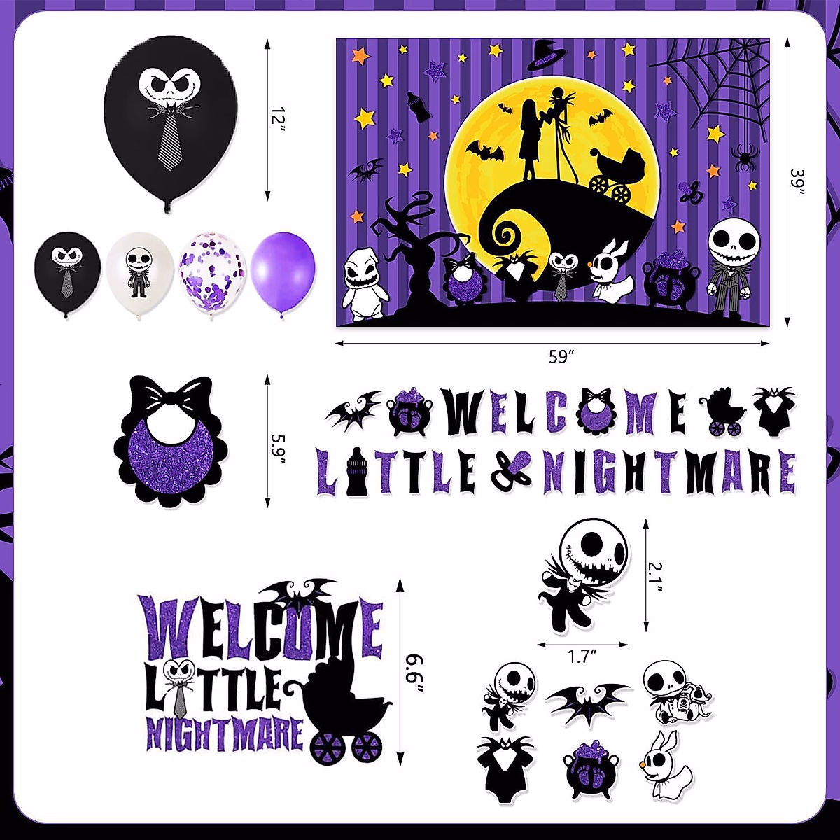 Nightmare Christmas Baby Shower Decorations, Welcome Little Night Before Halloween Birthday Party Decorations Includes Banner, Backdrop, Balloons,Cake Topper and Cupcake Toppers