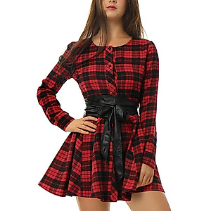 Allegra K Women's Christmas Plaid Dress Long Sleeve Button Down Belted Mini Shirtdress Small Red