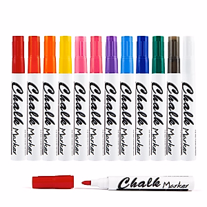 Volcanics Liquid Chalk Markers Wet Erase Markers Glass Pens for Non-Porous Chalkboard,Windows,Mirrors,12 Pack, 12 Colors2MM Tip