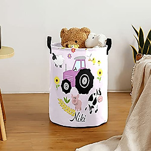 Cute Pink Farm Animals Tractor Laundry Basket Personalized with Name Laundry Hamper with Handle Organizer Storage Bin Bedroom Decor for Boys Girls Adults