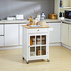 HOMCOM 27" Rolling Kitchen Island Cart with Drawer and Glass Door Cabinet, Kitchen Trolley with Adjustable Shelf and Towel Rack, White