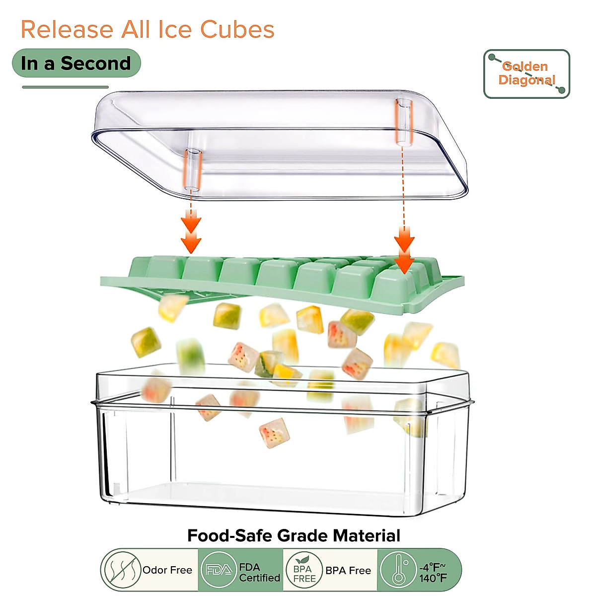 longzon Mini Ice Cube Tray with Lid and Bin, 60 pcs Ice Cube Trays for Freezer, Ice Cube Mold, Ice Molds Spill-Resistant Removable Lid & Ice Scoop, Ice Cube Tray Mold for Whiskey Cocktail, Tea, Coffee