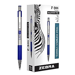 Zebra Pen F-301 Retractable Ballpoint Pen, Stainless Steel Barrel, Fine Point, 0.7mm, Blue Ink, 12-Pack