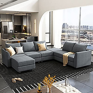 HONBAY Modular Sectional Sofa U Shaped Sectional Souch with Ottoman 7 Seat Modular Sofa with Chaise for Living Room, Bluish Grey