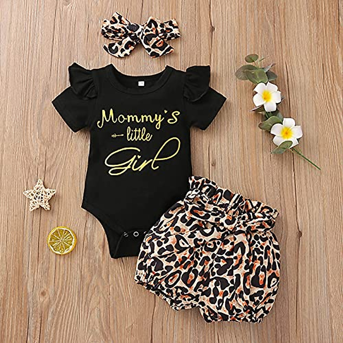 Suranne Newborn Baby Girl Clothes Leopard Outfits Short Sleeve Letter Romper + Short Pants + Headband 3Pcs 0-3 Months