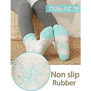 EBMORE Girls Kids Toddler Fuzzy Non Slip Grips Slipper Socks Gift Crew Cabin Cozy Fluffy Hospital Cute Warm Winter Socks for Boys Child Christmas Stocking Stuffers 6 Pairs（Snowflake，8-12 Y）
