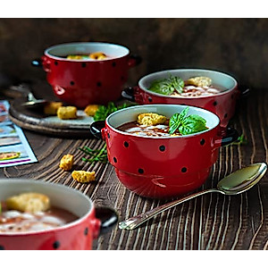 ECODECO Soup Bowls with Handles - Ceramic - Polka Dot Red - 16 Ounce - Set of 4 - French Onion Soup Crocks for Oven Baking