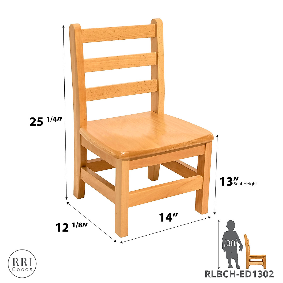 RRI Goods Kids Wooden Chair Set, Fully Assembled Youth Ladderback Wood Chairs for Children, 13" Seat Height for Ages 6-9 (Set of Two)