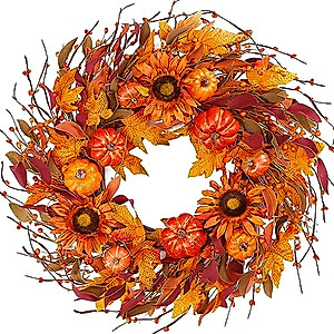 Sggvecsy Fall Wreath 22’’ Autumn Front Door Wreath Harvest Wreath with Pumpkin Sunflower Berry Maple Leaves Fall Decorations for Outside Indoor Wall Window Festival Thanksgiving Fall Autumn Decor