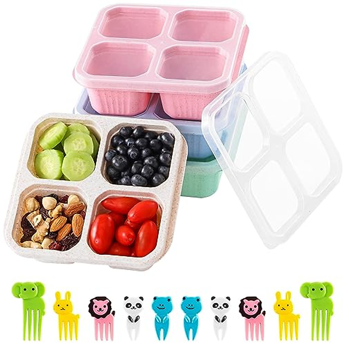 mzvcopm 4 Pack Snack Containers,Divided Bento Lunch Box with Transparent Lids, Reusable Meal Prep Lunch Containers for Kids and Adults,No BPA, 4 Compartment Food Storage Containers