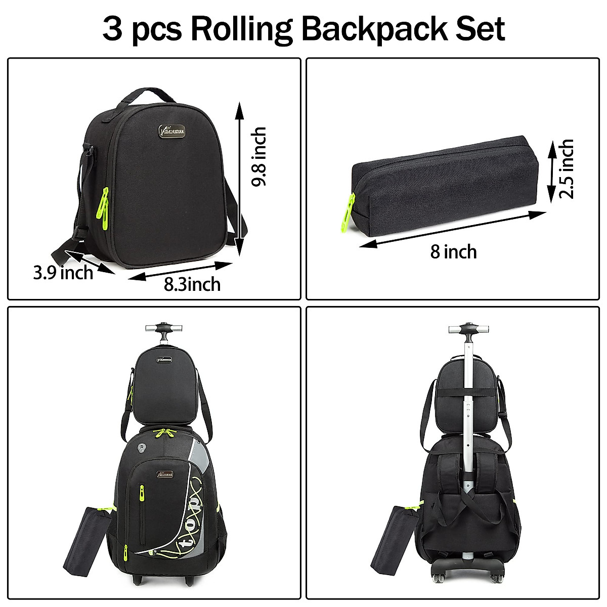 MOHCO Rolling Backpack 18inch with Lunch Bag and Pencil Case Wheeled School Bookbag for Boys and Girls