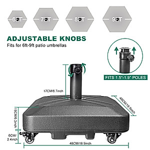 RAOKUKH DZ4733 MS Patio Umbrella Base Heavy Duty with Wheels Square Market Stand for Outdoor 4 Locks 1 Knobs 125lb Capacity, Black