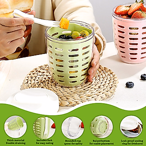 MdakeGo 20oz Fruit Salad Storage Cup with Lids and Fork, Reusable Plastic Fruit Storage Containers for fridge with Drain Baskets, BPA-Free & Leak-Proof, Keep Fruits, Vegetables Fresh Longer (Green)